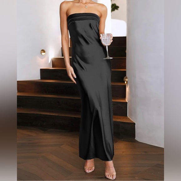 Dresses | Black Strapless Satin Dress | Poshmark